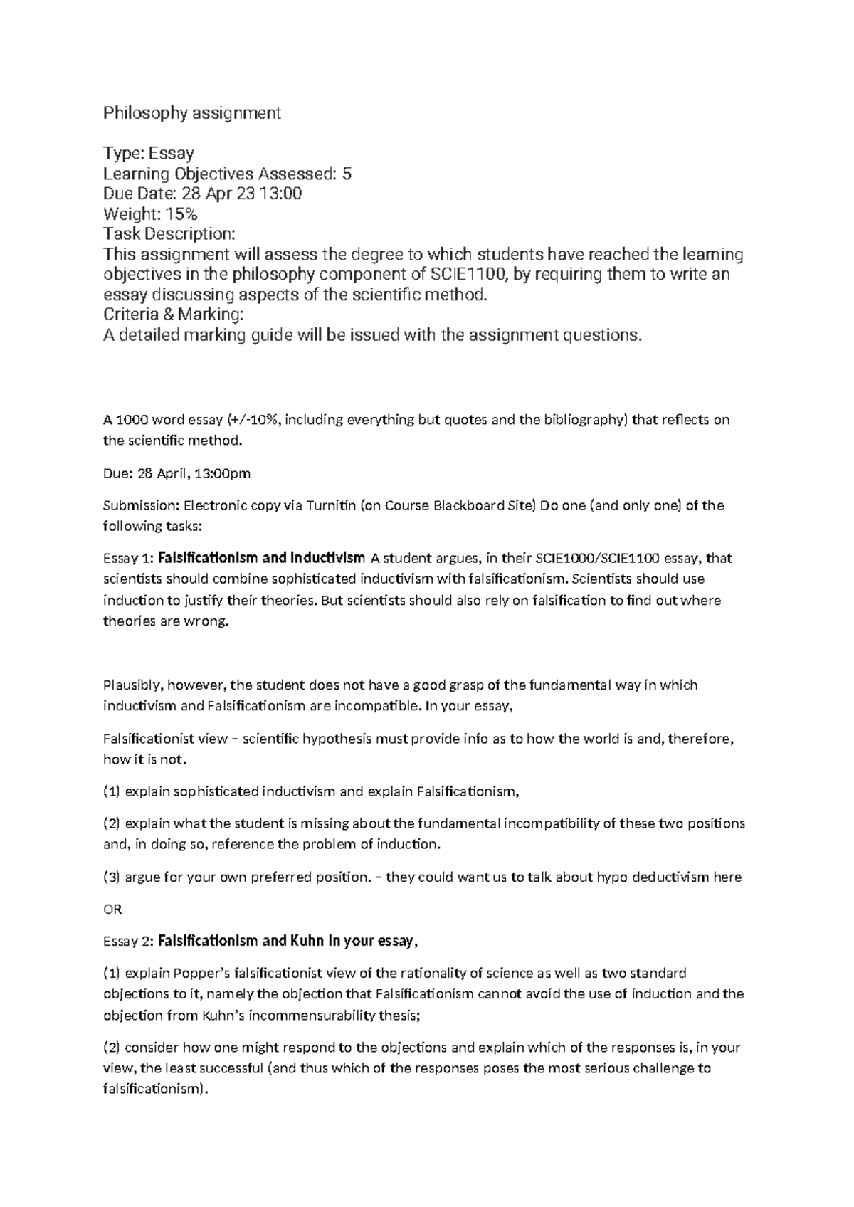 Philosophy assignment - Philosophy assignment Type: Essay Learning ...