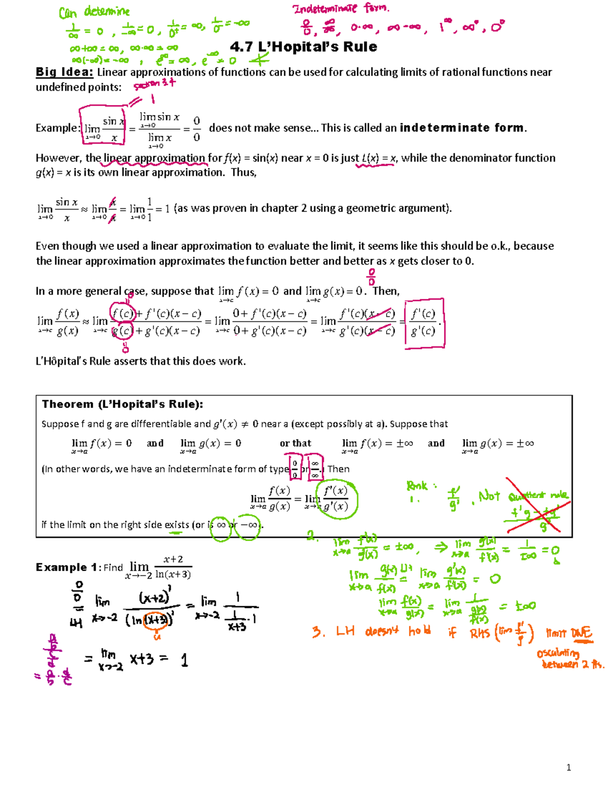 4.7 - Chapter 4.7 Full Review - 4 L’Hopital’s Rule Big Idea: Linear ...