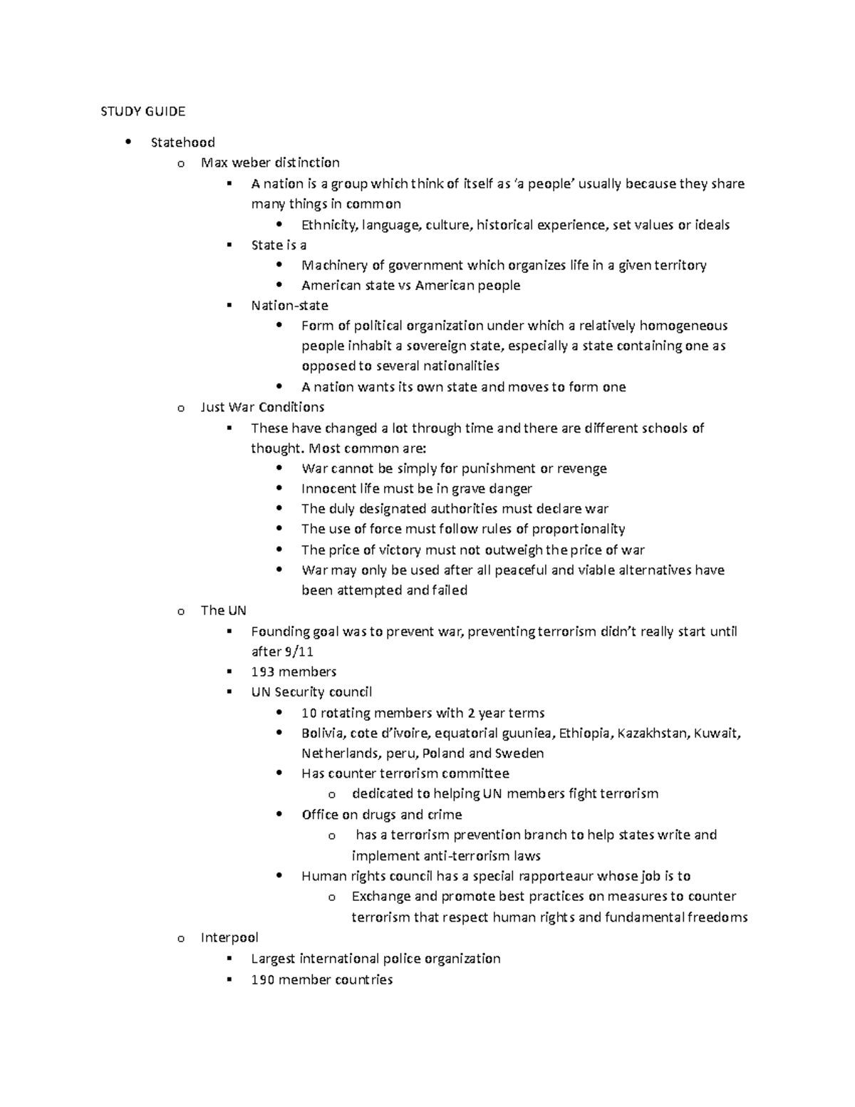 PAD Study guide - STUDY GUIDE Statehood o Max weber distinction A ...