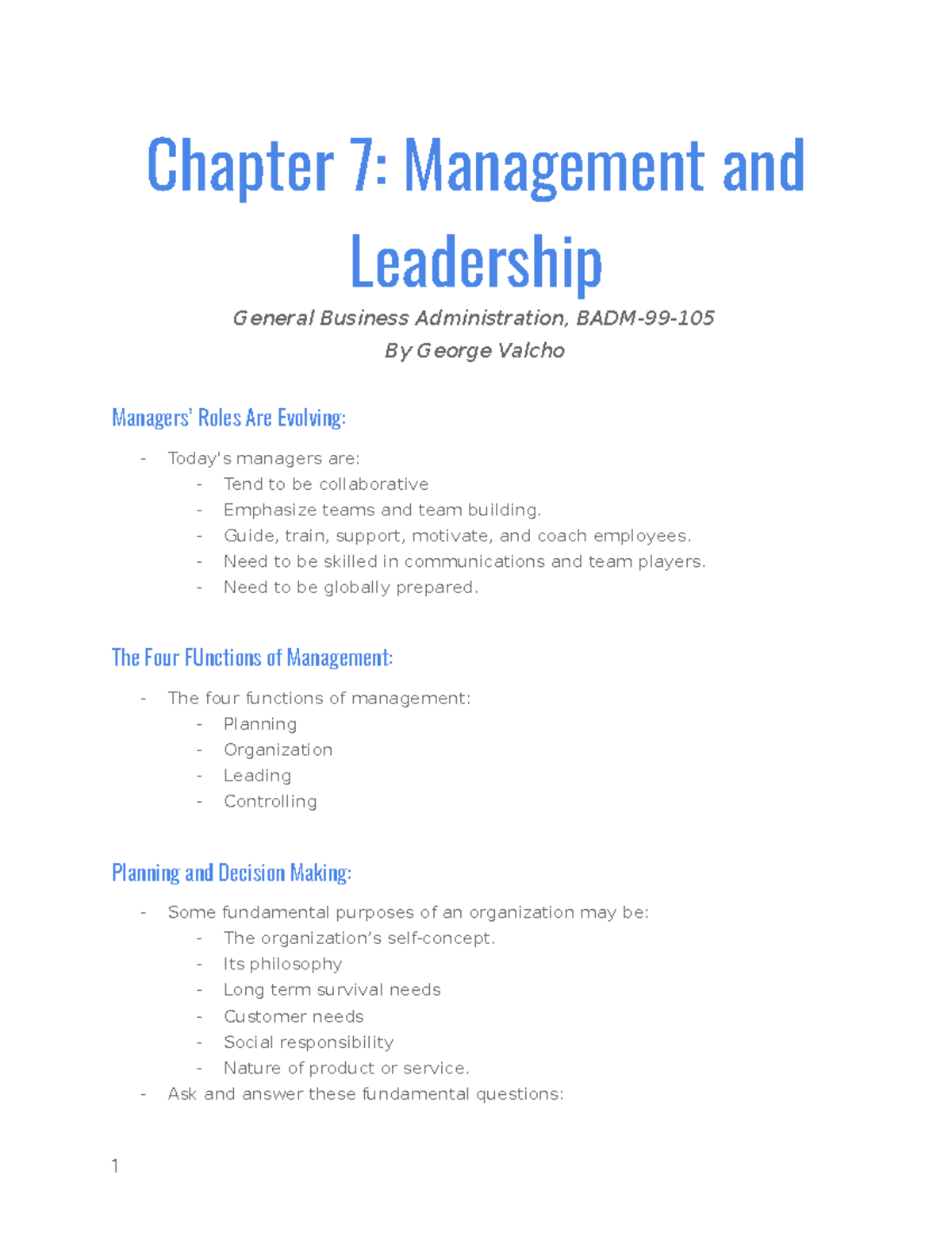 BADM Chapter 7 Management and Leadership - Chapter 7: Management and ...