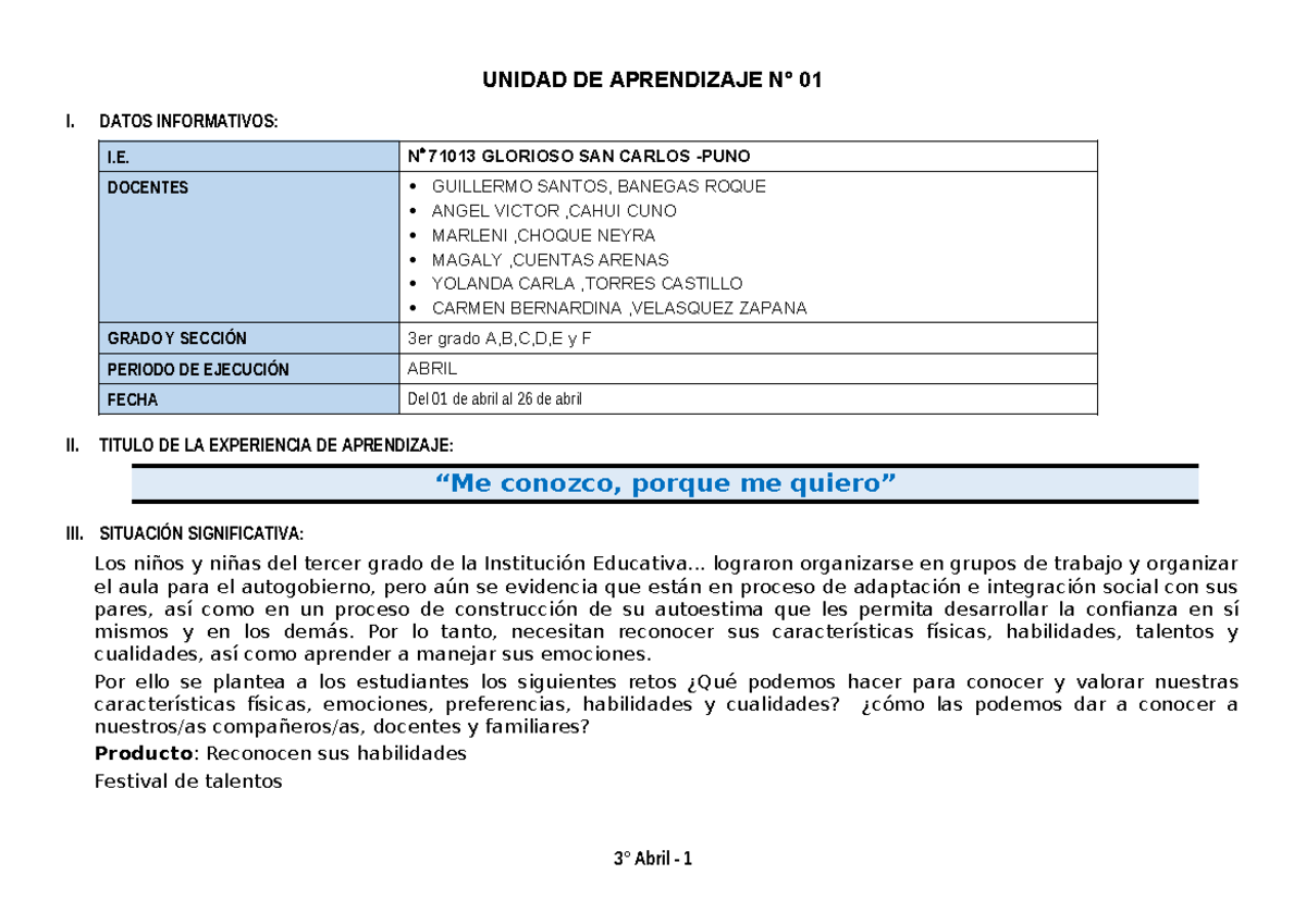 3° Grado - Unidad DE Aprendizaje abril-gsc - UNIDAD DE APRENDIZAJE N° 01 I. DATOS INFORMATIVOS ...