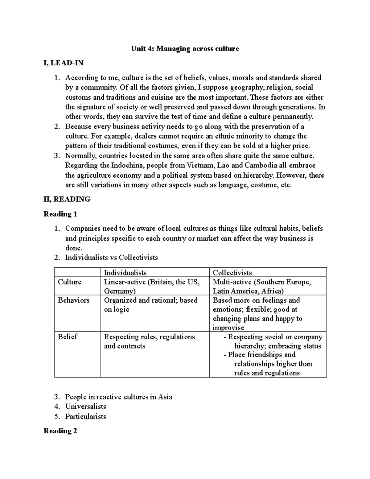 Unit 4 - TACN - Unit 4: Managing across culture I, LEAD-IN According to me, culture is the set ...