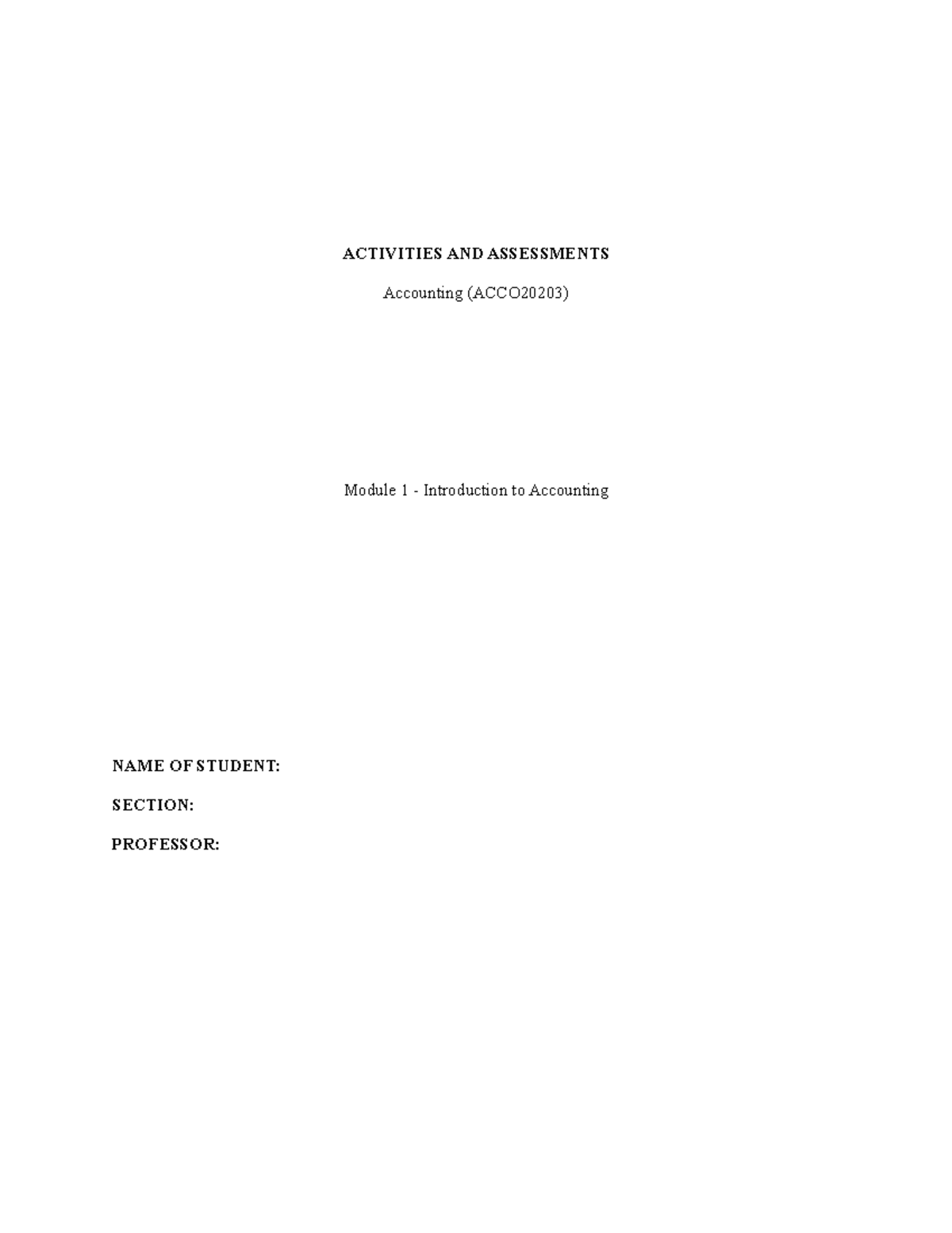 Module 1 Accounting - ACTIVITIES AND ASSESSMENTS Accounting (ACCO20203 ...