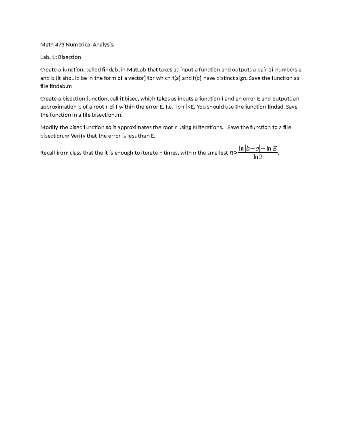 Lab 1 - boom - Math 473 Numerical Analysis. Lab. 1: Bisection Create a ...