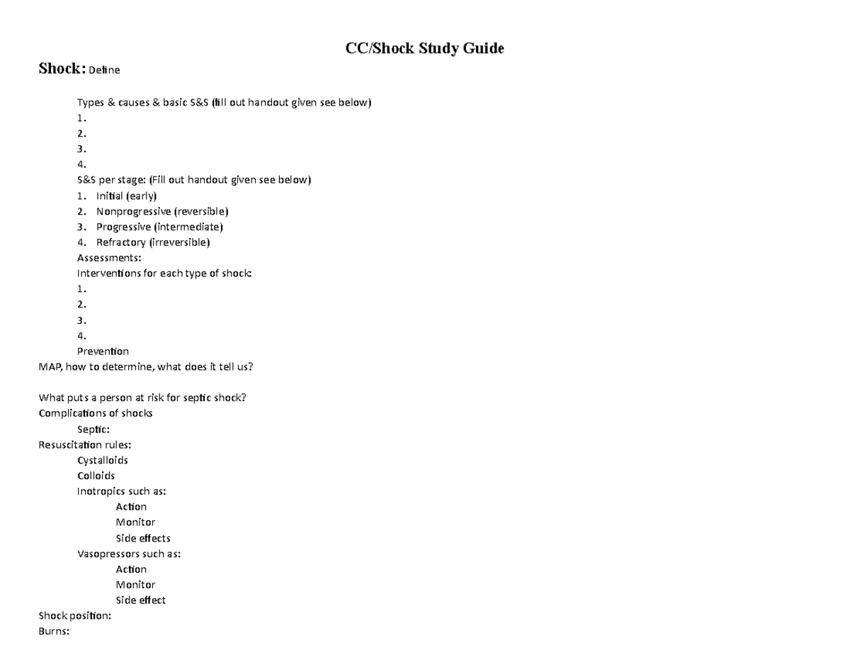 Study guide Neuro CC Burns 2020 - CC/Shock Study Guide Shock: Define ...