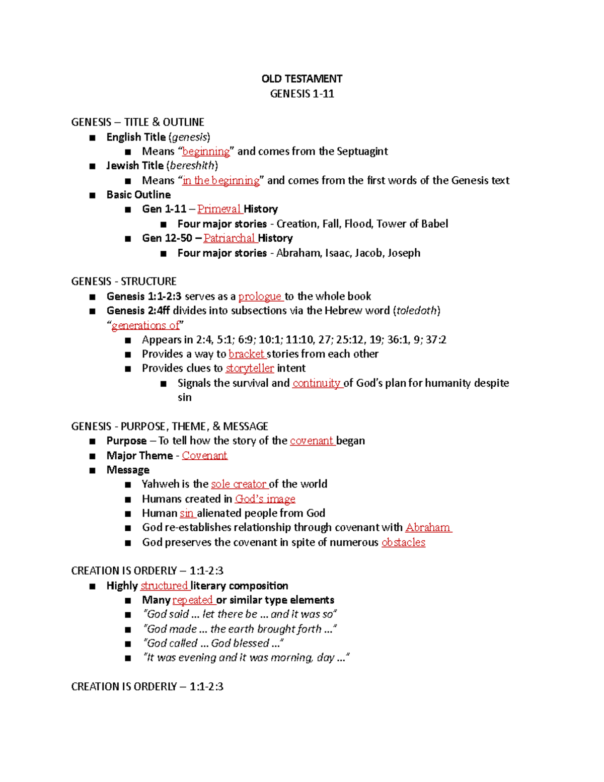 BIB 3 OT Genesis 1-11 Notes - GENESIS – TITLE & OUTLINE English Title ...