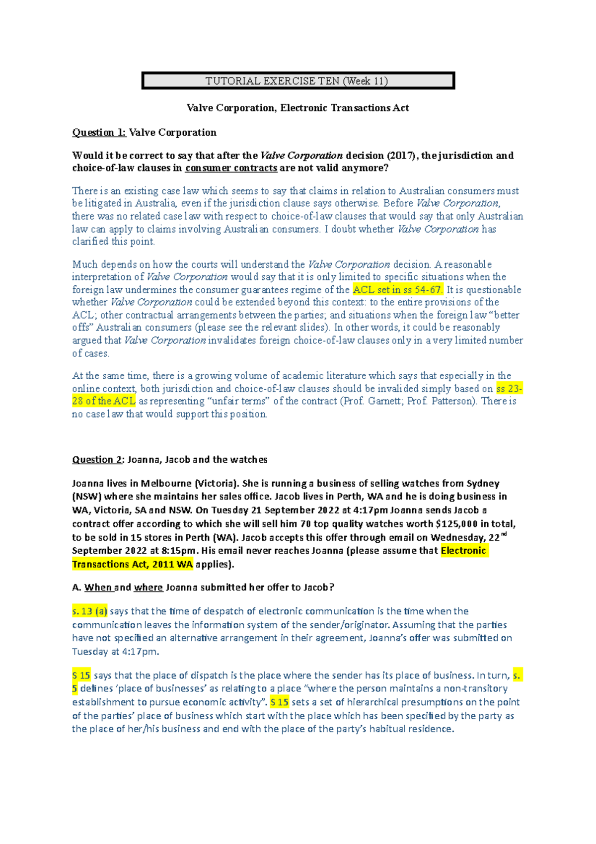 Tute week 11 - week 11 - TUTORIAL EXERCISE TEN (Week 11) Valve ...