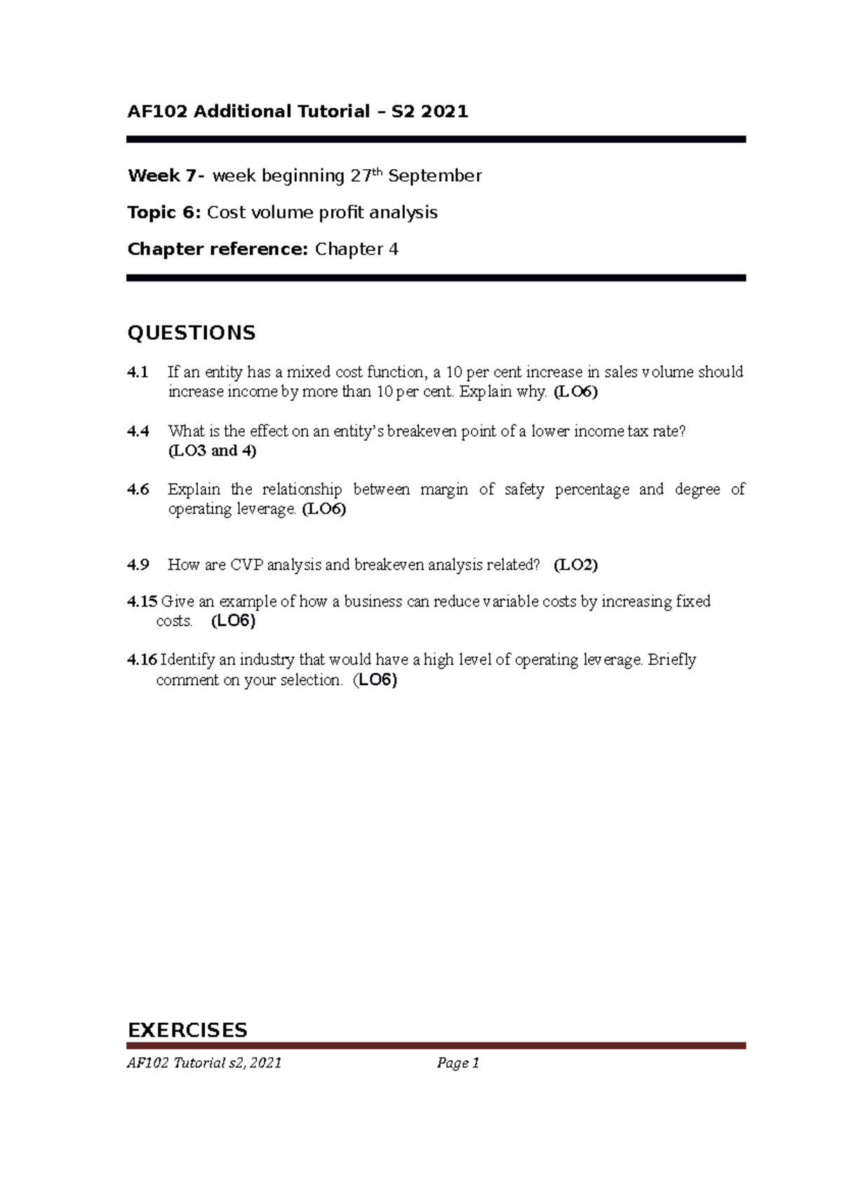Topic 6 - Tutorial Questions - AF102 Additional Tutorial – S2 2021 Week ...