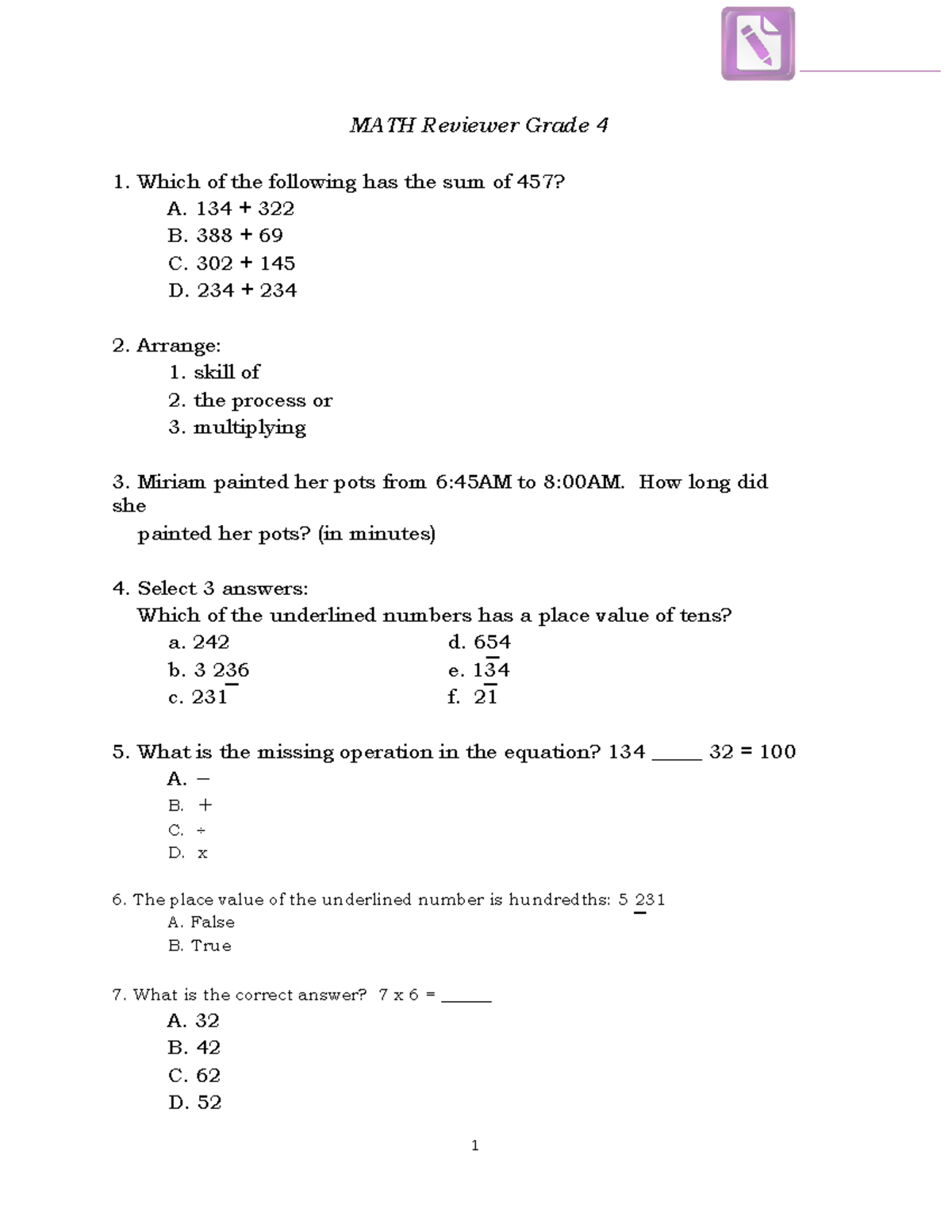 MATH Reviewer - For Grade 3 - MATH Reviewer Grade 4 1. Which of the ...