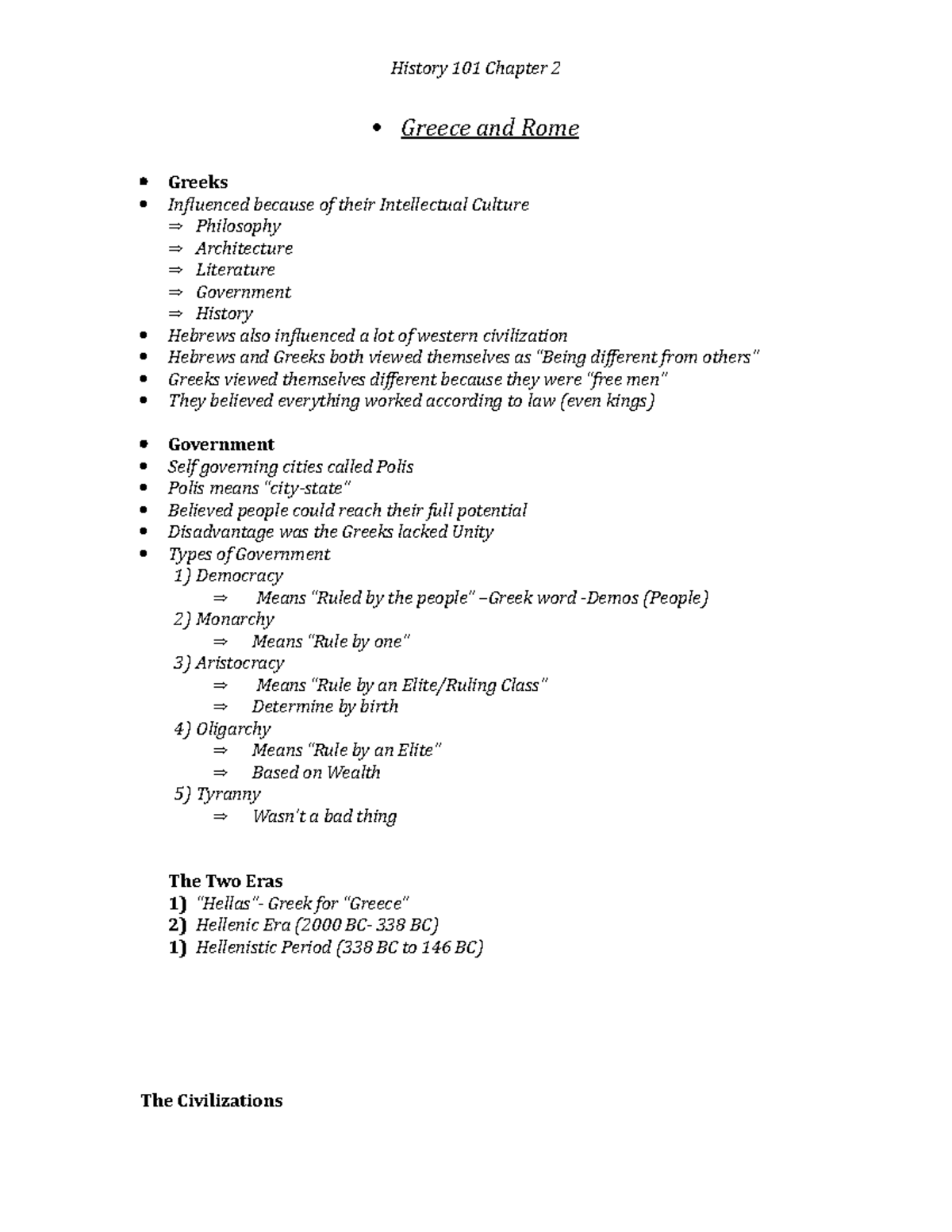 Greece and Rome - in class - History 101 Chapter 2 Greece and Rome ...