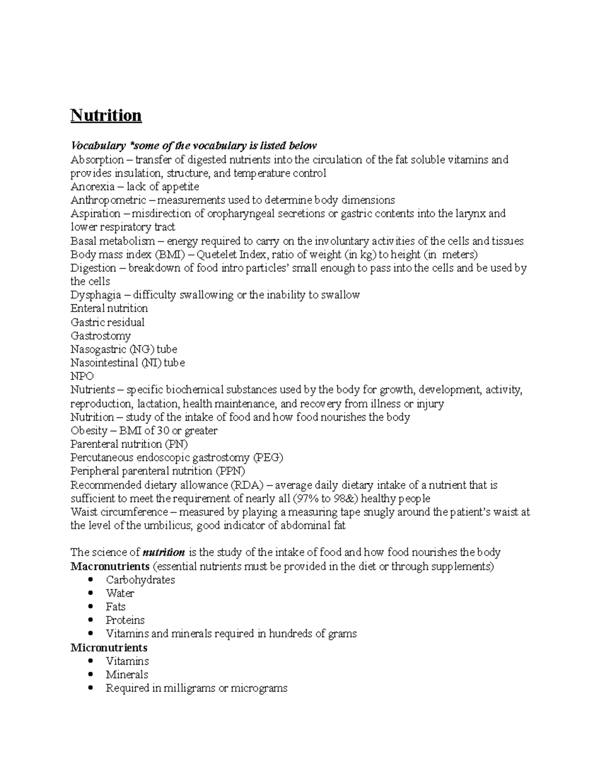 Nutrition Foundations Notes - Nutrition Vocabulary of the vocabulary is ...