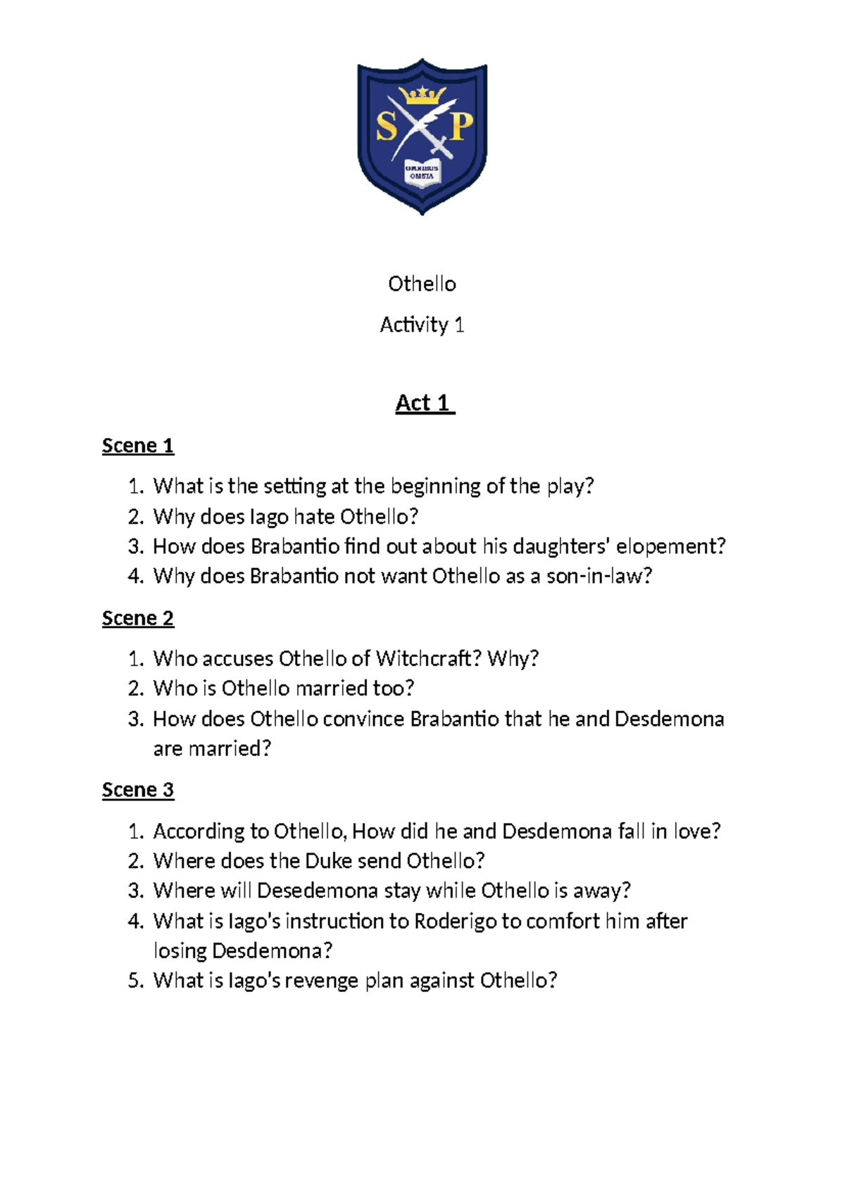 Othello Scene Quesions - Othello Activity 1 Act 1 Scene 1 1. What is ...
