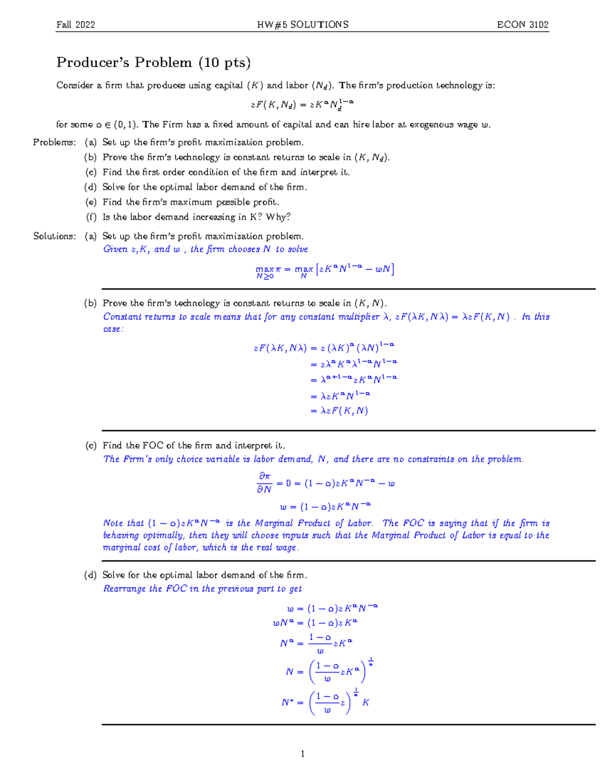 3102 Hw 5 Solutions Assignment Fall 2022 Hw5 Solutions Econ 3102 Producers Problem 10 Pts 6121