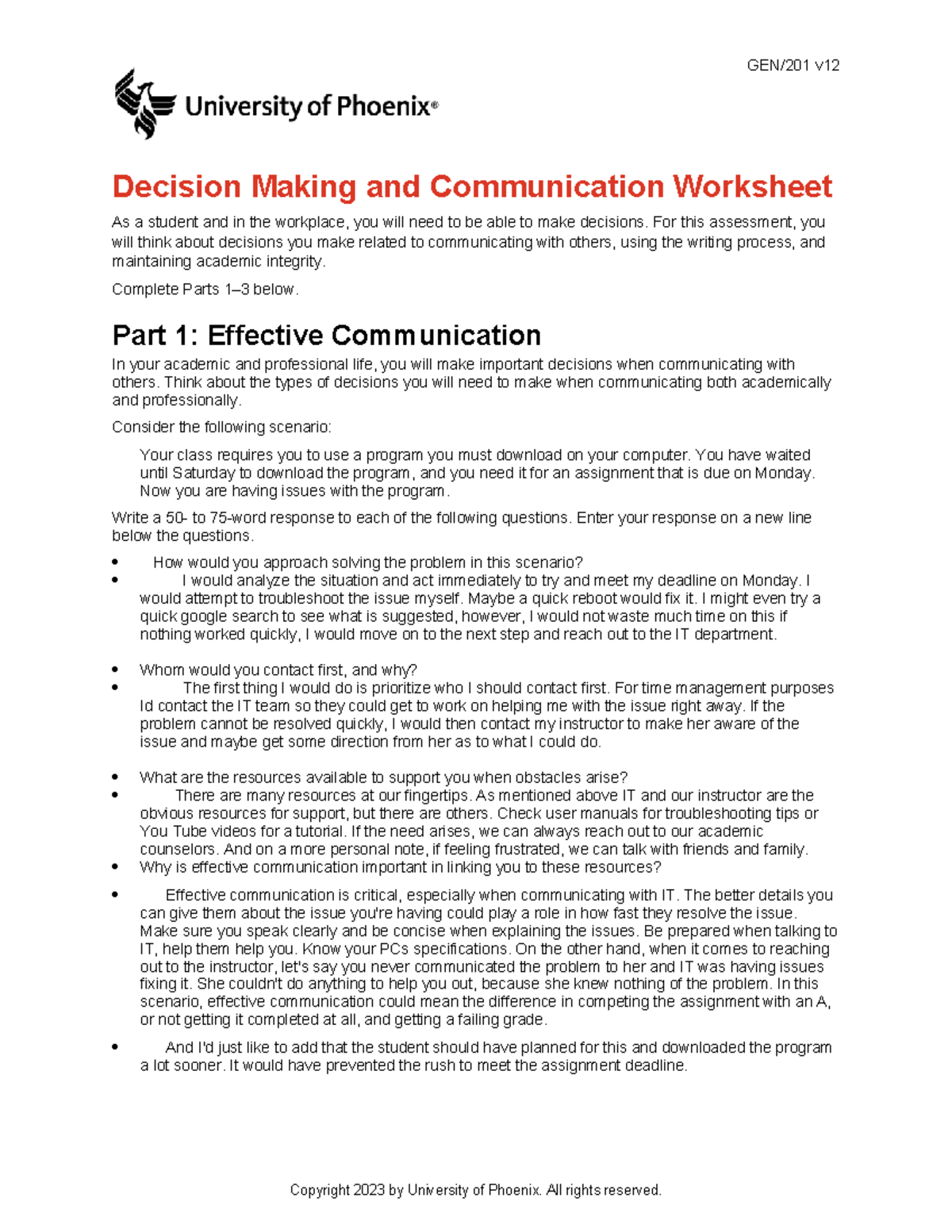 Gen201 v12 wk3 decision making and communication worksheet COPY - GEN ...