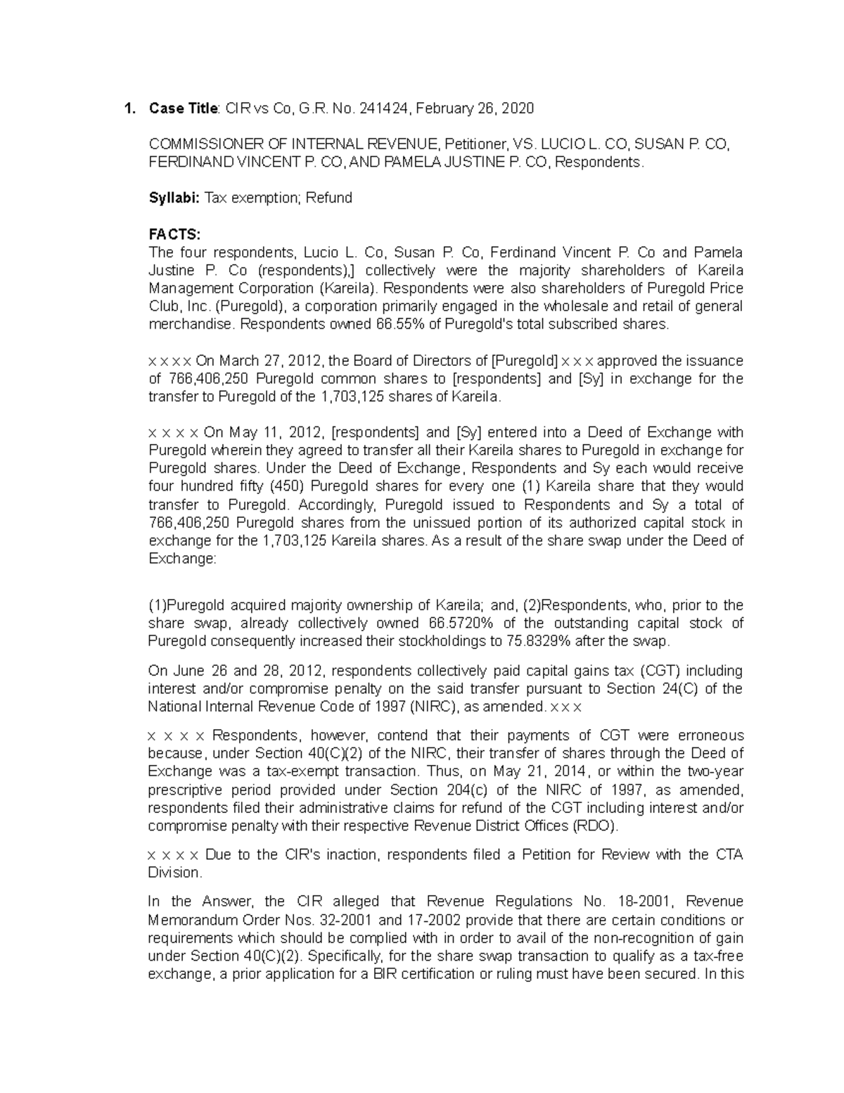 CIR vs Co digest (Tax case) - 1. Case Title: CIR vs Co, G. No. 241424 ...