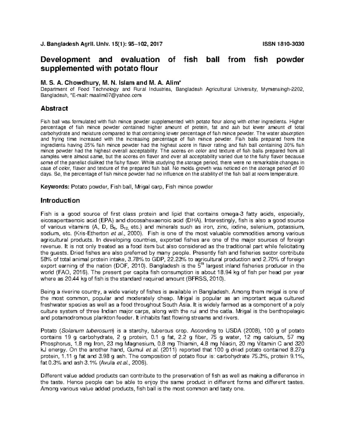 Development and evaluation of fish ball from fish - J. Bangladesh Agril ...