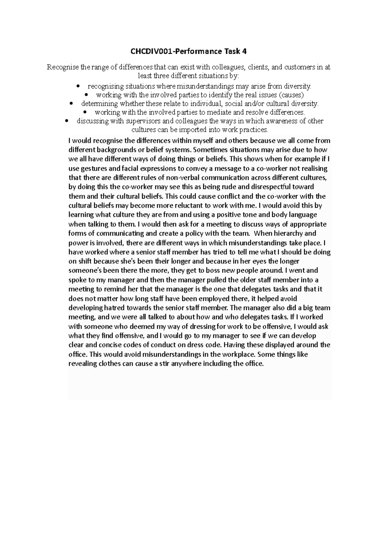 Chcdiv 001 Performance task 4 - CHCDIV001-Performance Task 4 Recognise ...