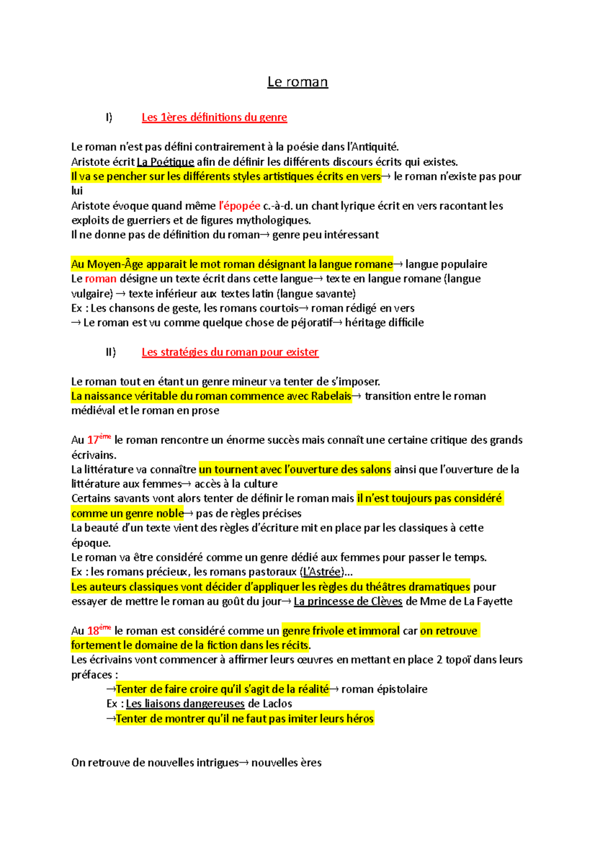 Le roman - Notes de cours 1 - Le roman I) Les 1ères définitions du ...