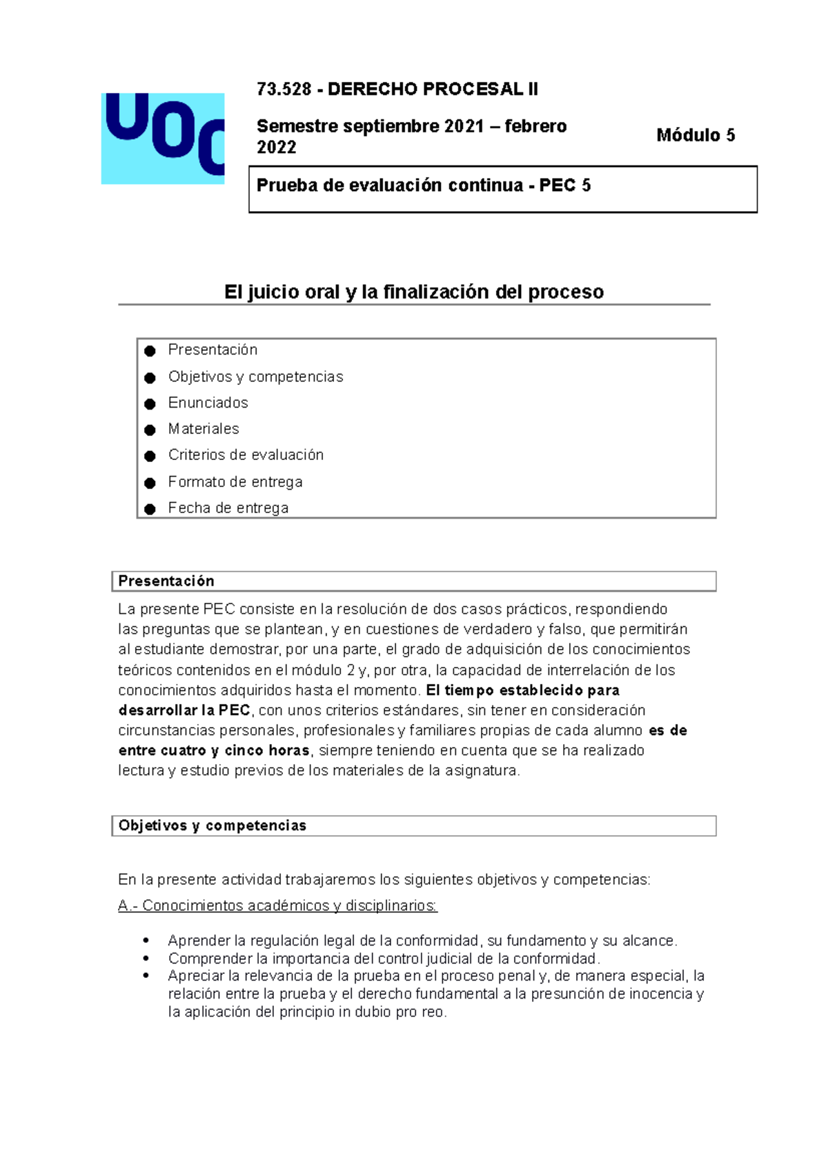 73528 PEC5 - 73 - DERECHO PROCESAL II Semestre septiembre 2021 – febrero 2022 Módulo 5 Prueba de ...