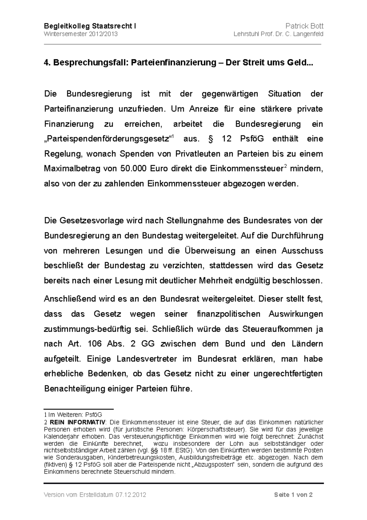 Fall 4 Parteienfinanzierung SV - Begleitkolleg Staatsrecht I Patrick ...