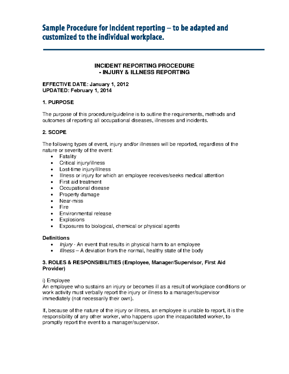 Sample Procedure for Incident Reporting - INCIDENT REPORTING PROCEDURE ...
