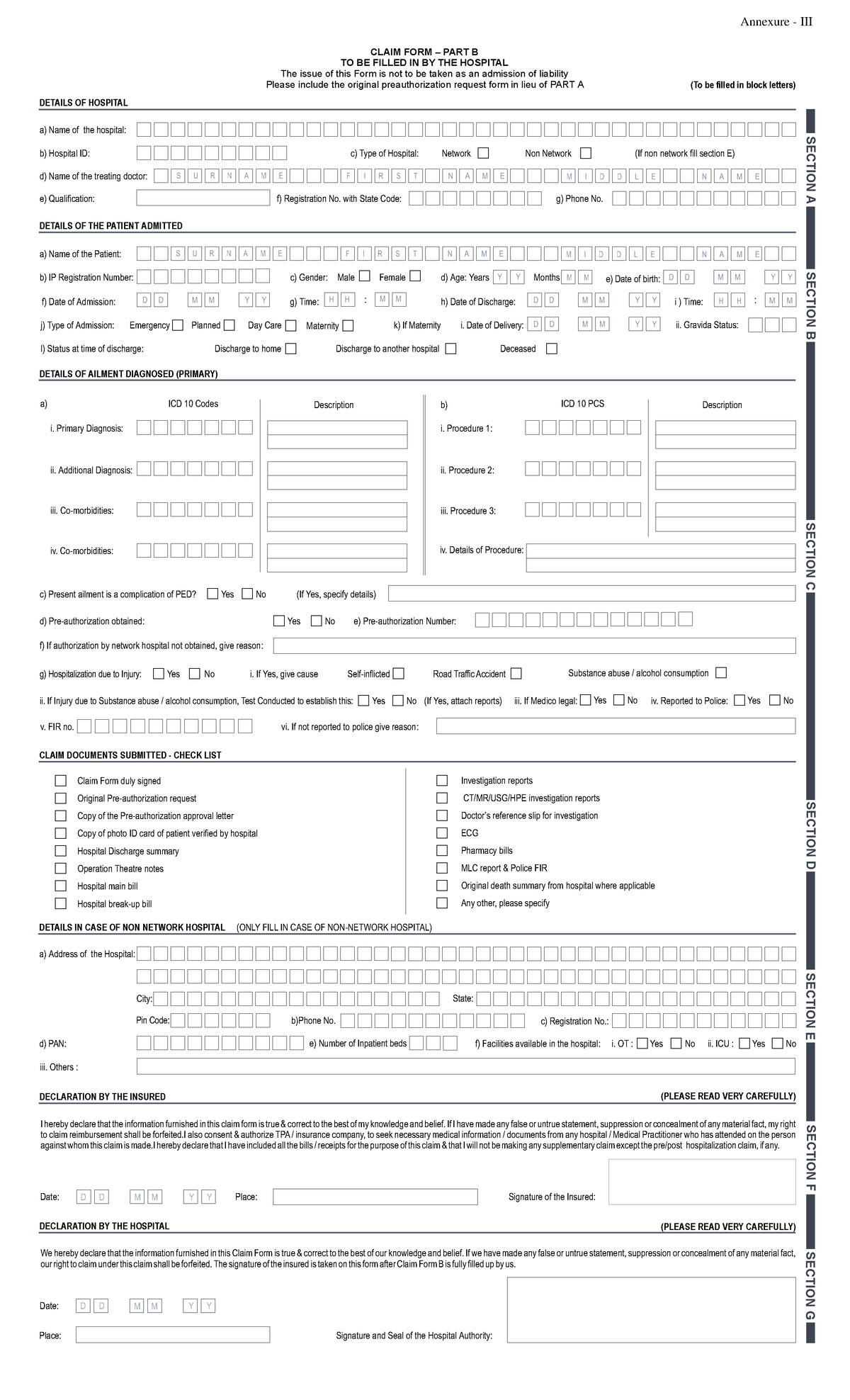 Claim Form Part-B To Be filled in by the Hospital - Economics SL ...