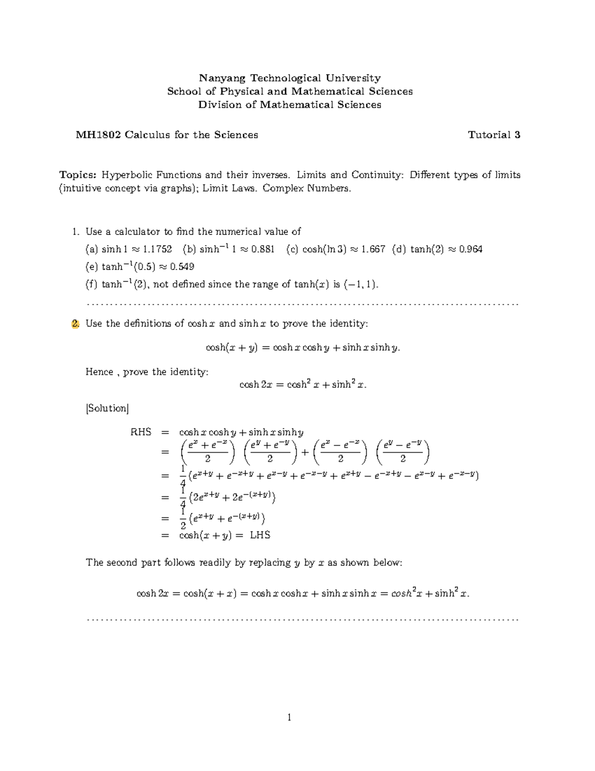 Tutorial 3 solutions - Nanyang Technological University School of ...