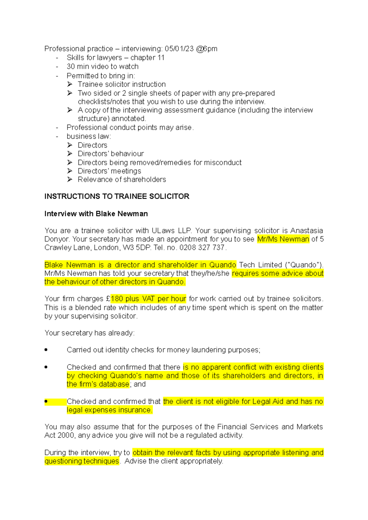 Legal interviewing notes - Professional practice – interviewing: 05/01 ...