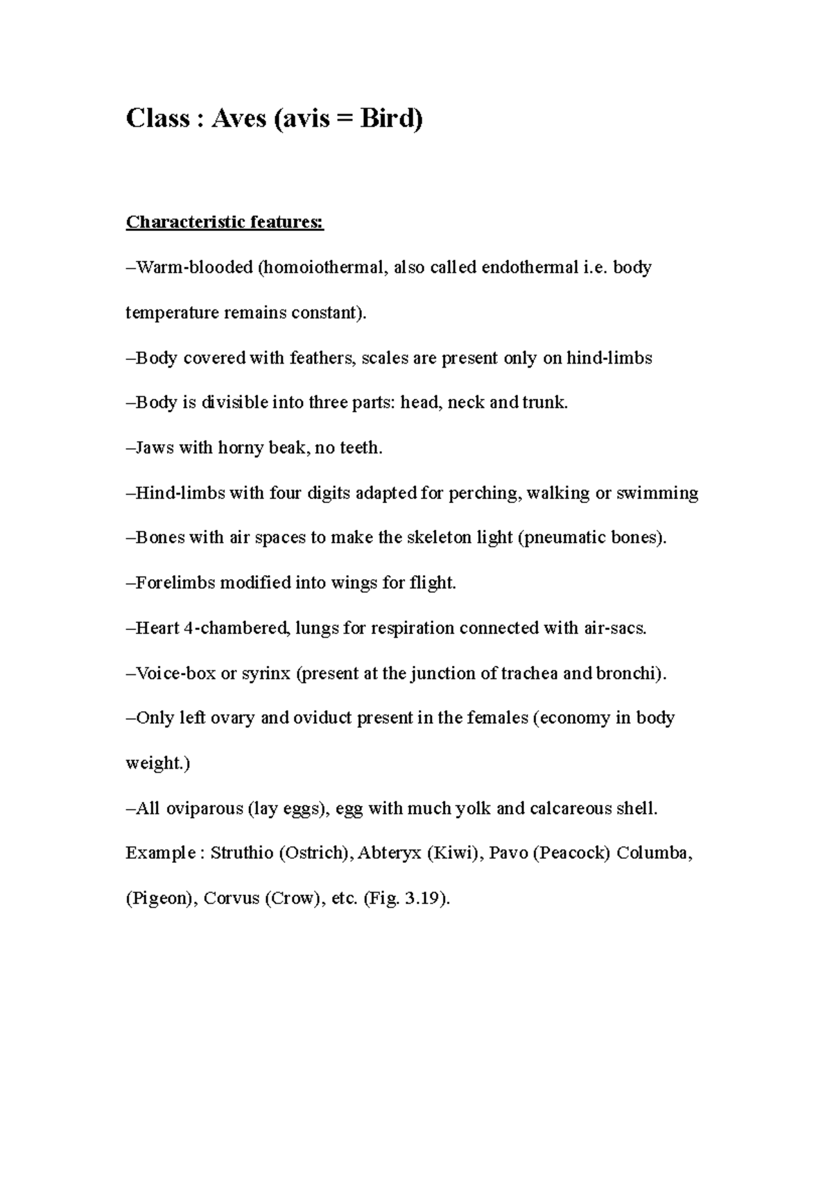 Class - Aves (avis = Bird) - Class : Aves (avis = Bird) Characteristic ...