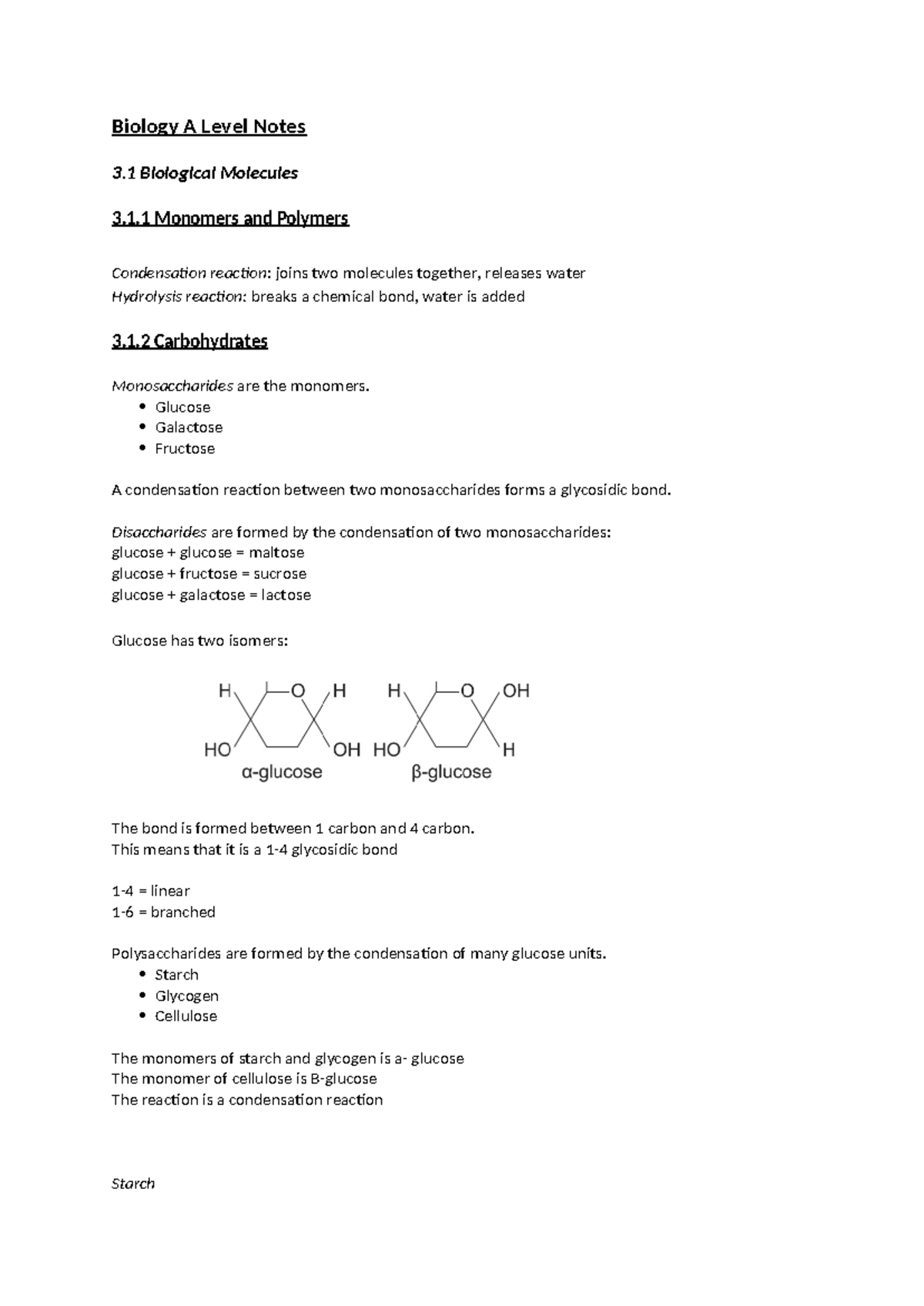 Biology A Level Notes - 1 Monomers and Polymers Condensation reaction ...
