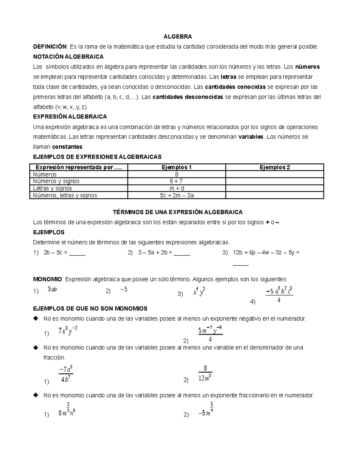 Concepto básicos de álgebra - ALGEBRA DEFINICIÓN : Es la rama de la ...