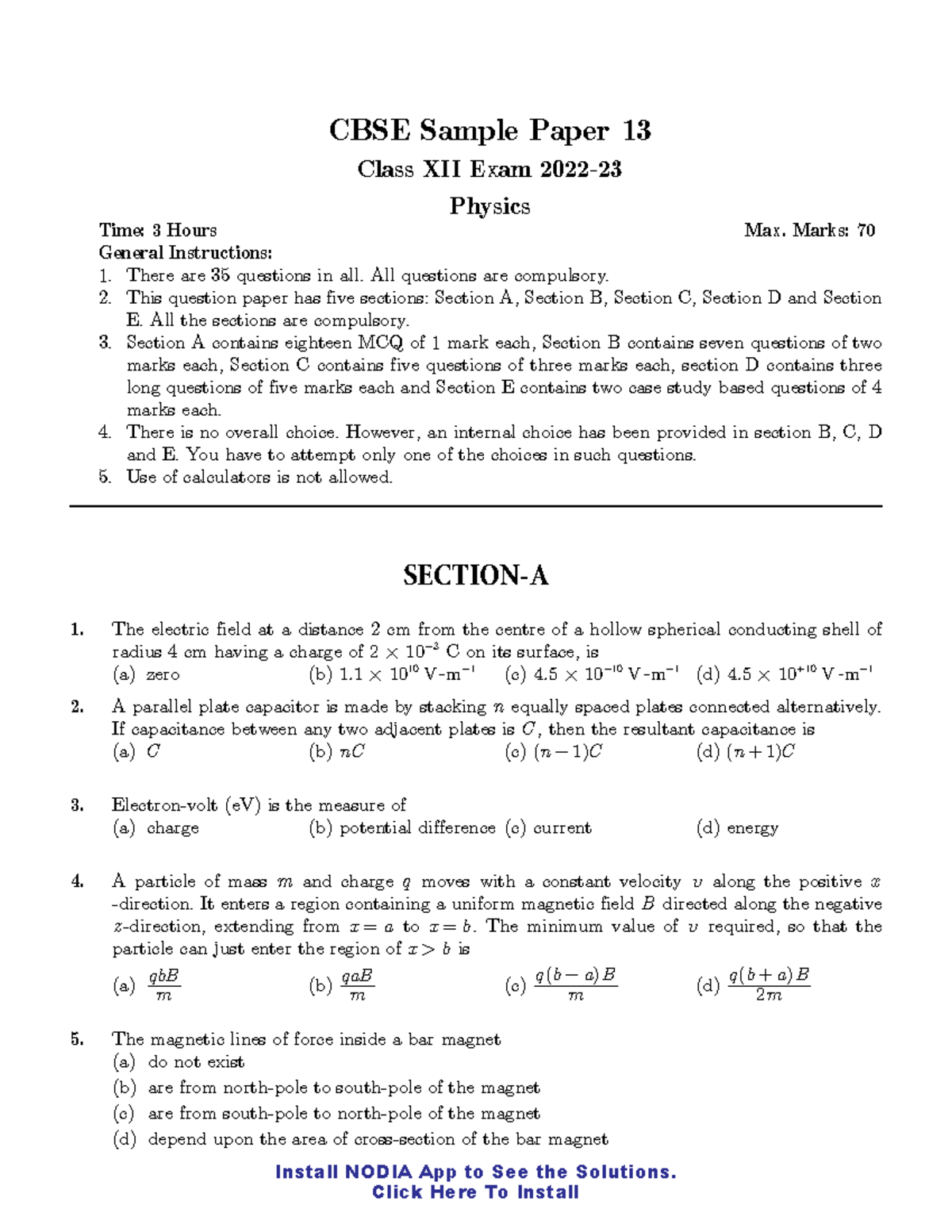 Cblephpu 13 - CBSE Physics Class 12 Sample Paper 13 Page 1 Install ...