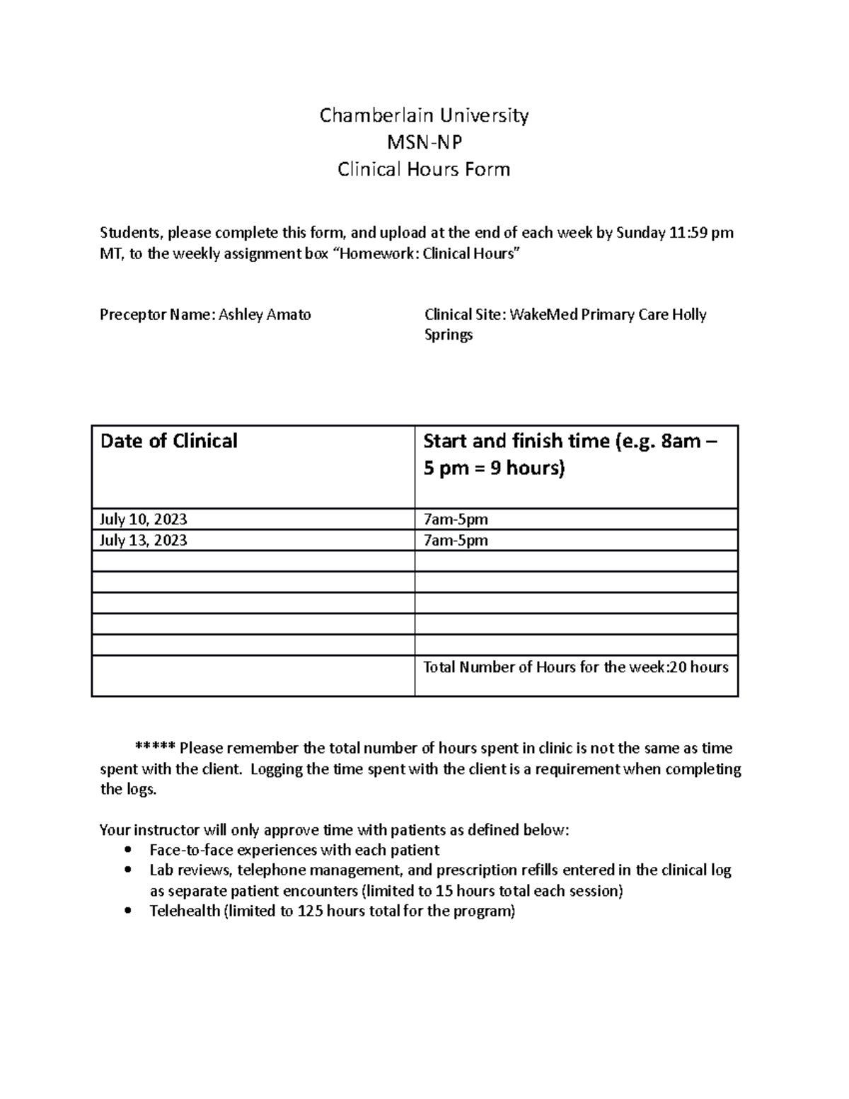 MSN-NP Form for student to submit clinical hours - Chamberlain ...