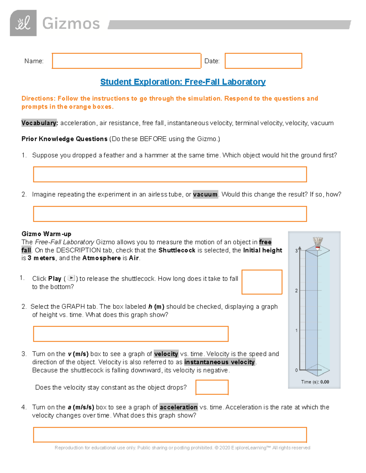 1.6 Gizmo Free Fall Lab - this is useless - Name: Date: Student ...