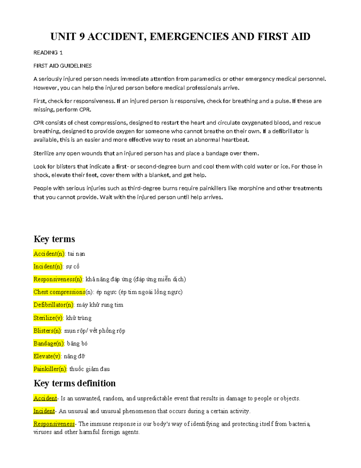 UNIT 9 Accident - UNIT 9 ACCIDENT, EMERGENCIES AND FIRST AID READING 1 ...