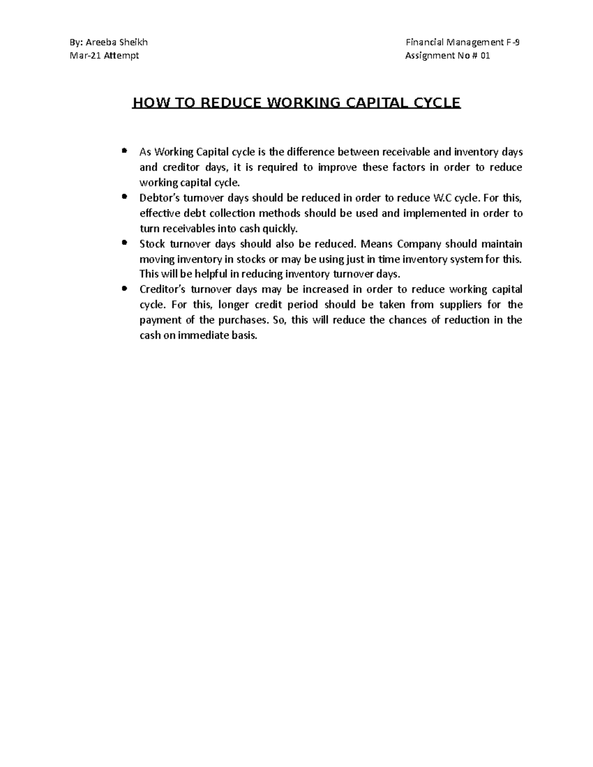 HOW TO Reduce Working Capital Cycle F-9 - By: Areeba Sheikh Financial ...