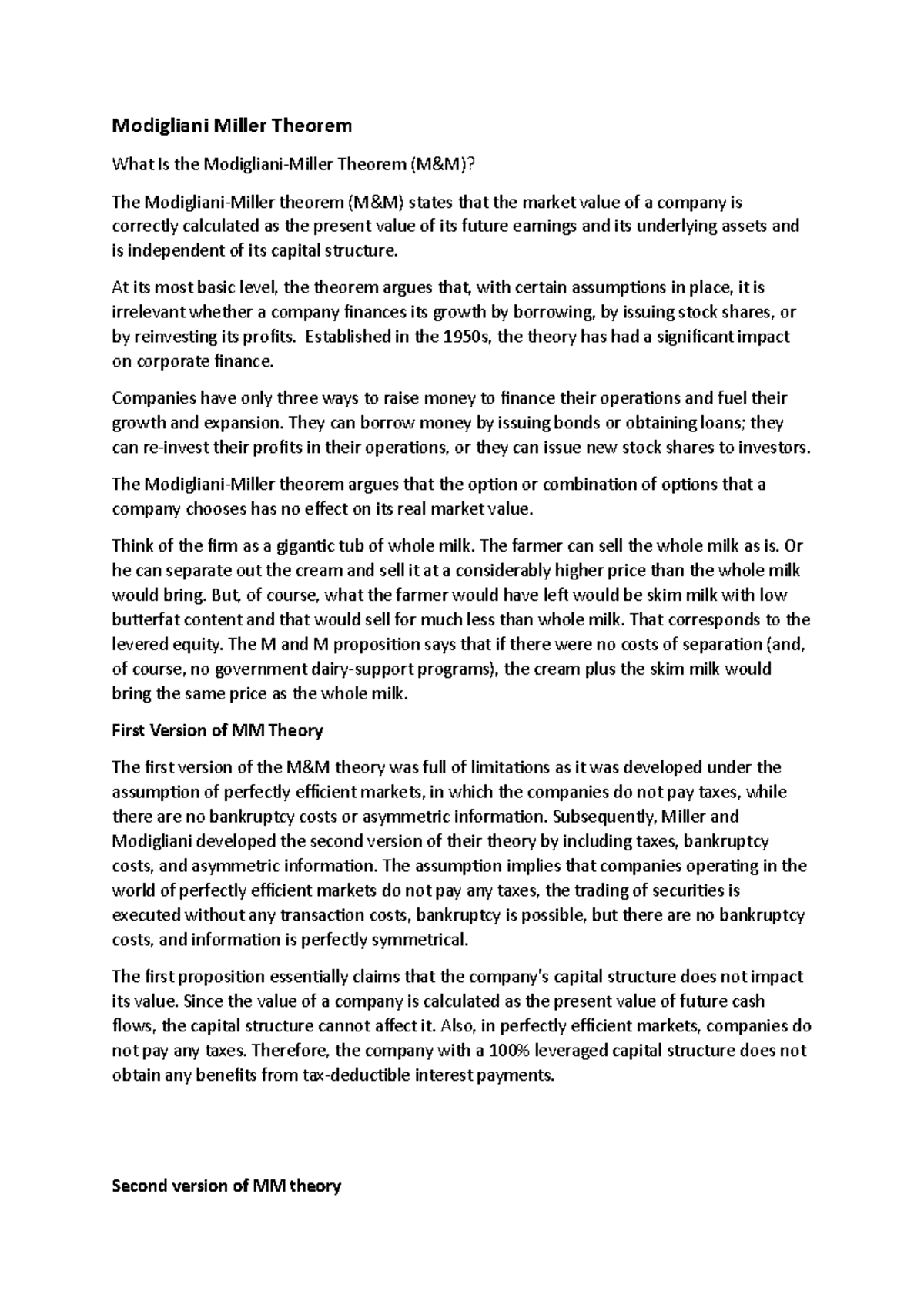 Modigiiliani Miller Theory - Modigliani Miller Theorem What Is the ...