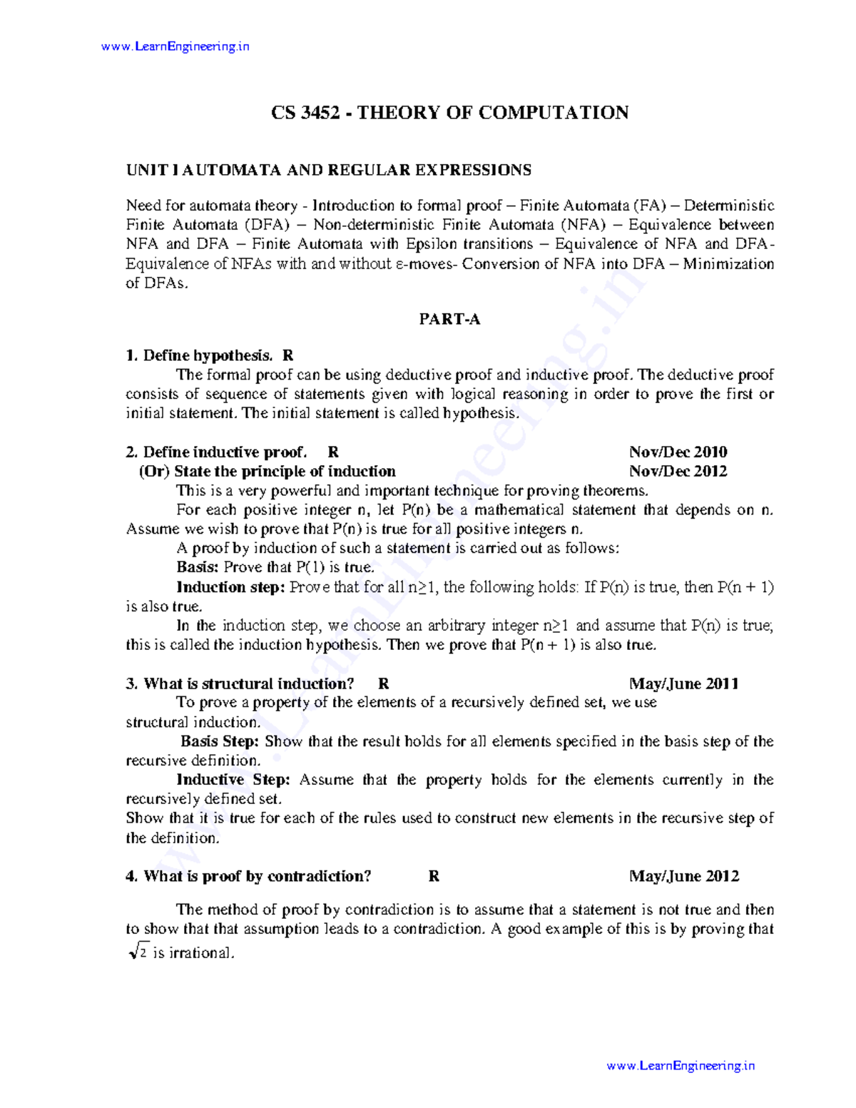Two marks with answers - CS 3452 - THEORY OF COMPUTATION UNIT I AUTOMATA AND REGULAR EXPRESSIONS ...