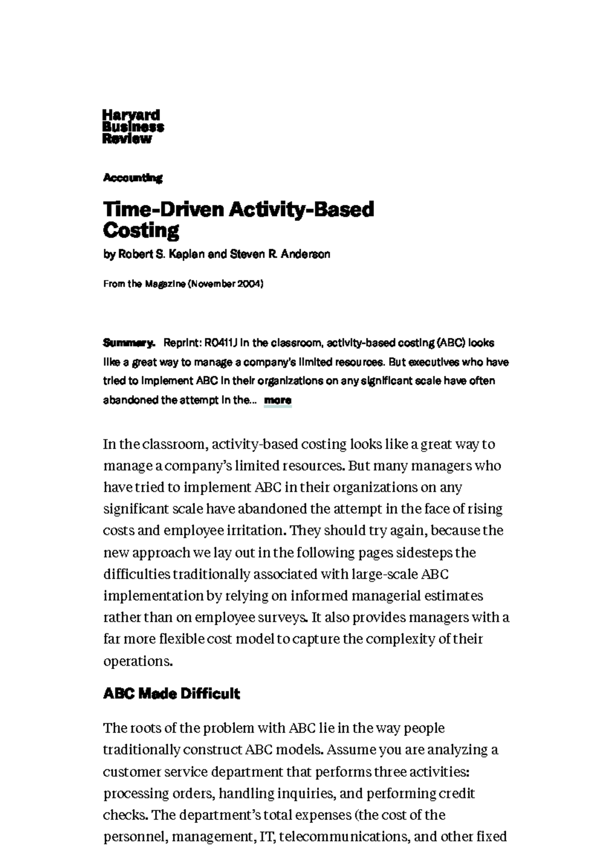 Time Driven Activity Based Costing Accounting Time Driven Activity Based Costing By Robert S