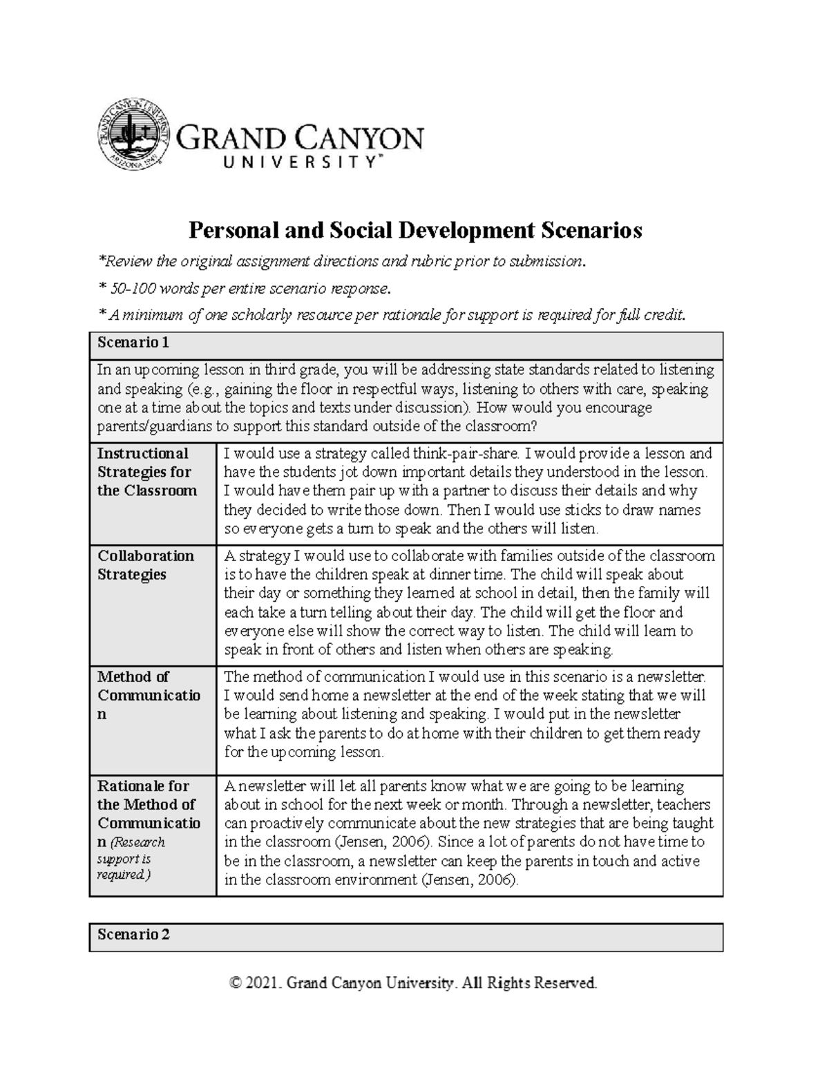 Personal and Social Development Scenarios - * 50-100 words per entire ...