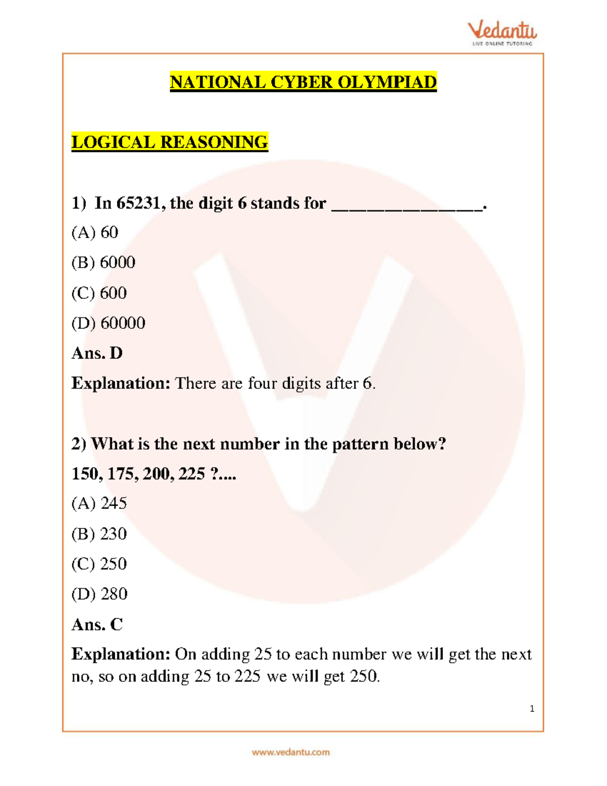 NCO Olympiad Sample Paper 1 for Class 5 with Solutions - NATIONAL CYBER ...