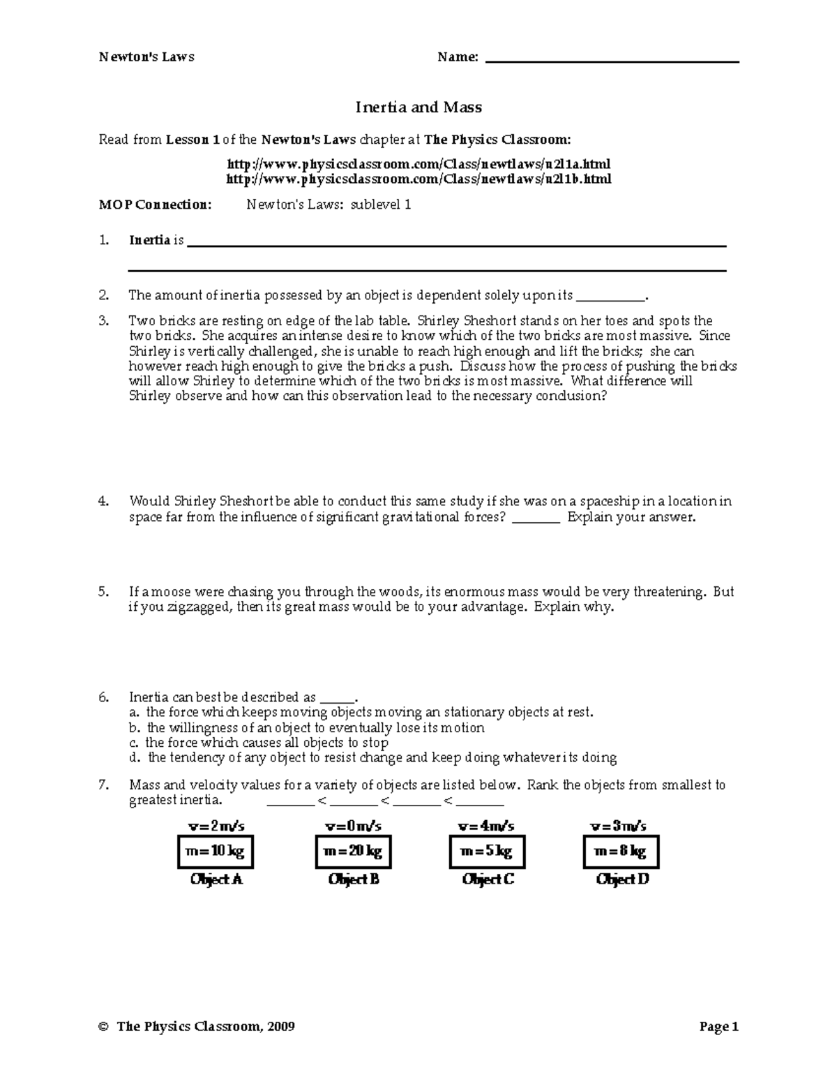01 Inertia Mass - Information and practice material to use in class for ...