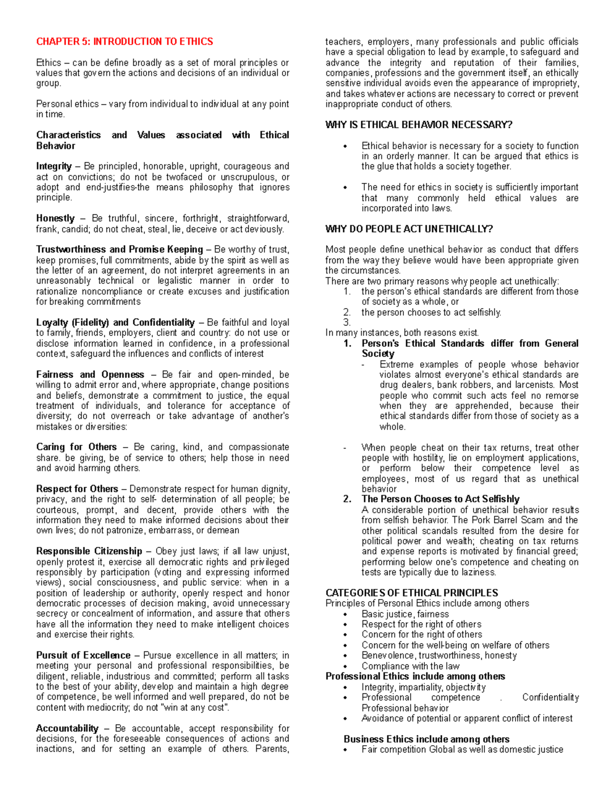 Corpogov Reviewer - CHAPTER 5: INTRODUCTION TO ETHICS Ethics – can be ...