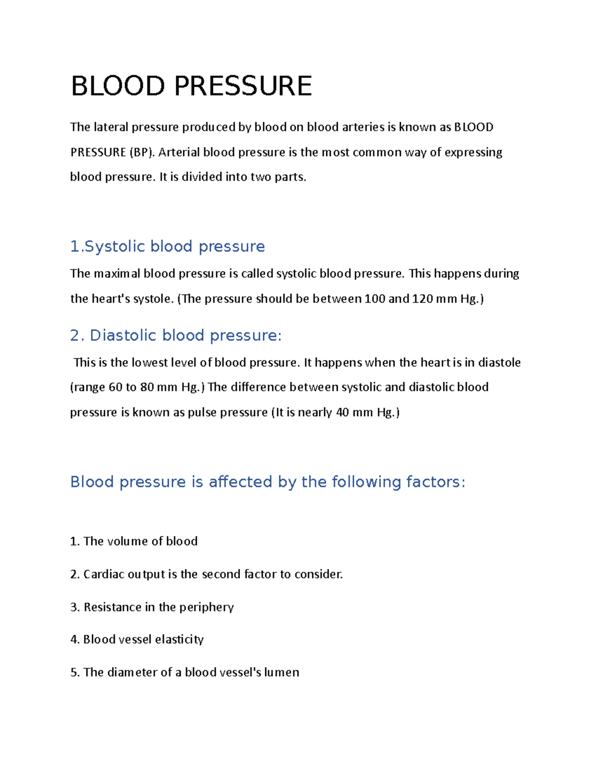 Blood Pressure - Lecture notes 7-8 - BLOOD PRESSURE The lateral ...