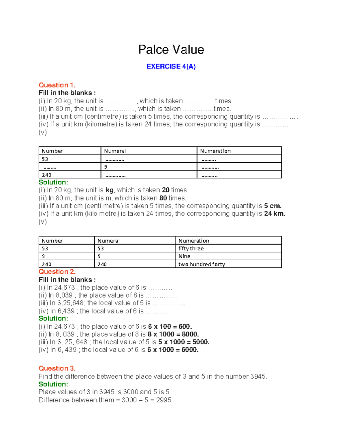 Place Value - notes - ncertbooksolutions EXERCISE 4(A) Question 1. Fill ...