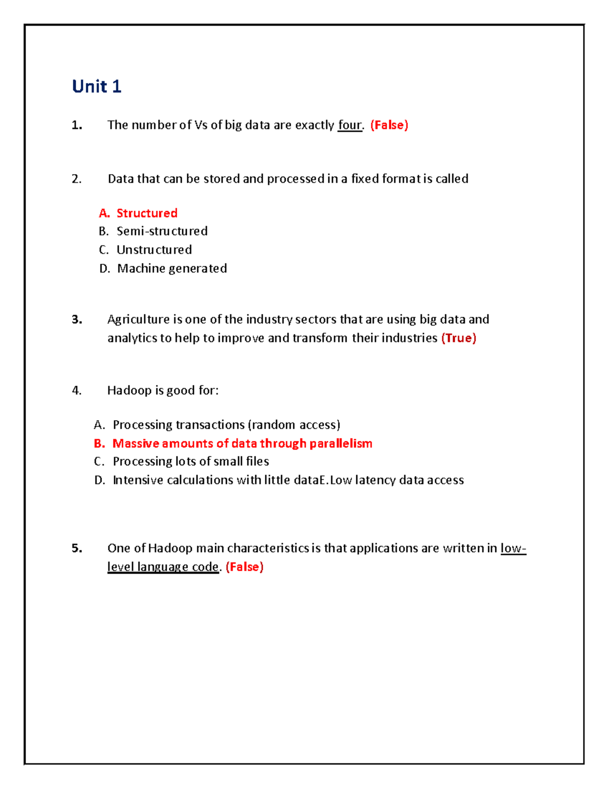 Unit Qs (1 to 7) - Big_Data_Quiz And Answer - The number of Vs of big ...