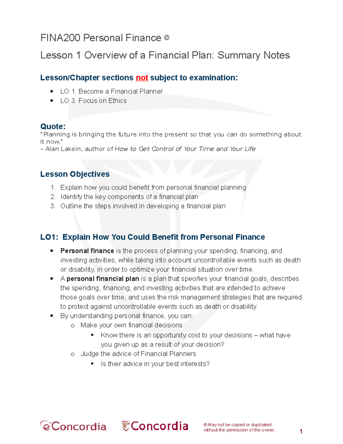 L1 Summary Notes - FINA - FINA200 Personal Finance Lesson 1 Overview of ...