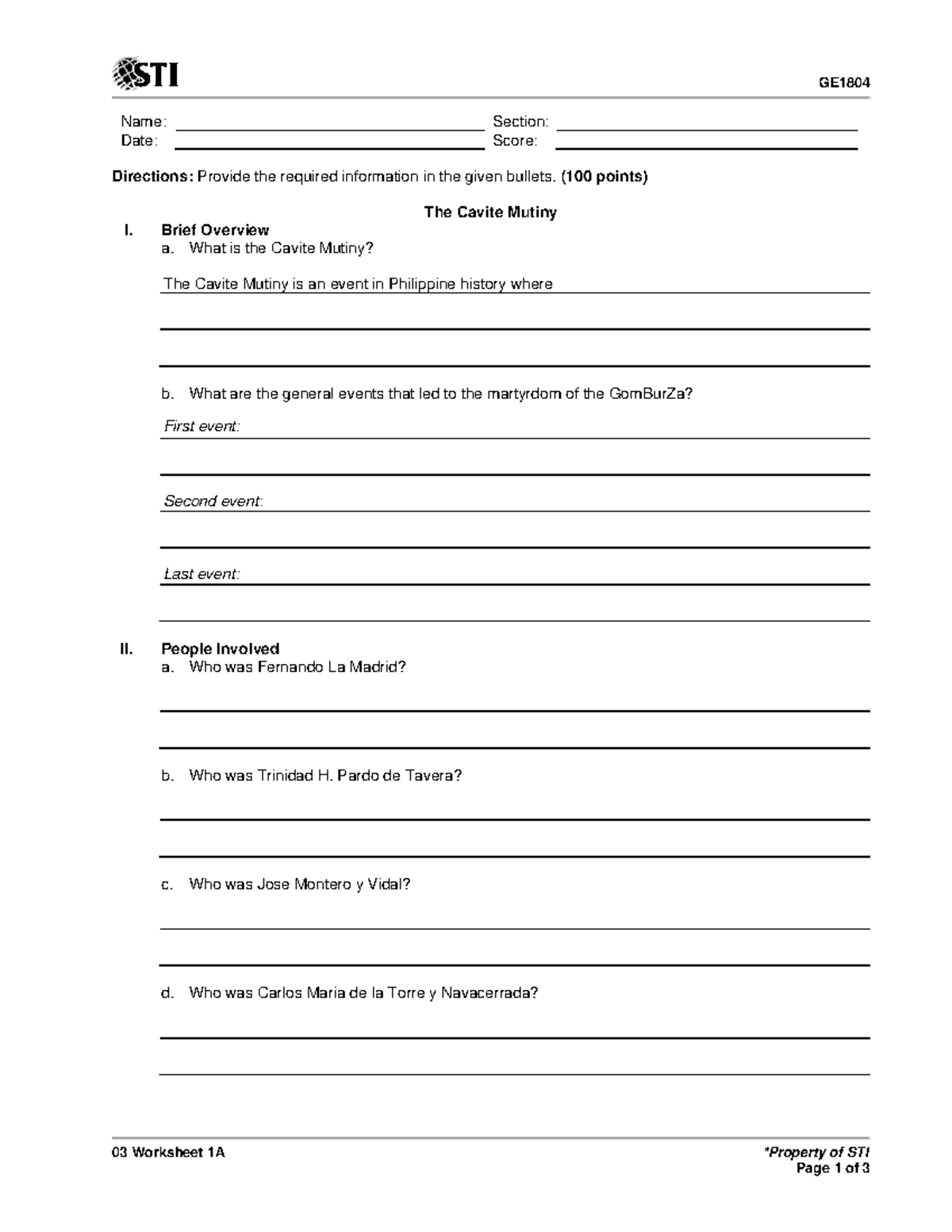 03 Worksheet 1A - new materials here - GE 03 Worksheet 1A *Property of ...