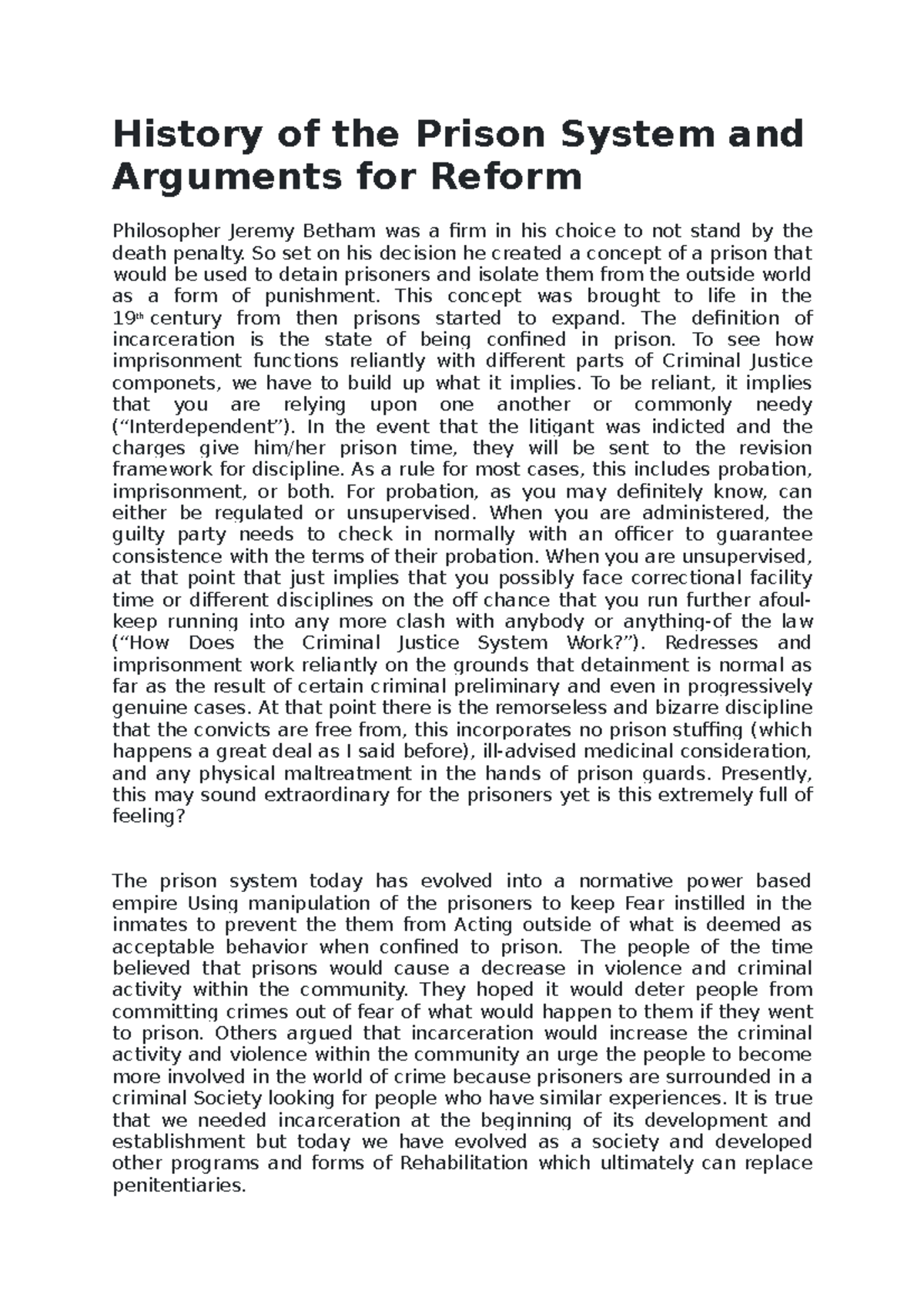 History of the Prison System and Arguments for Reform - History of the ...