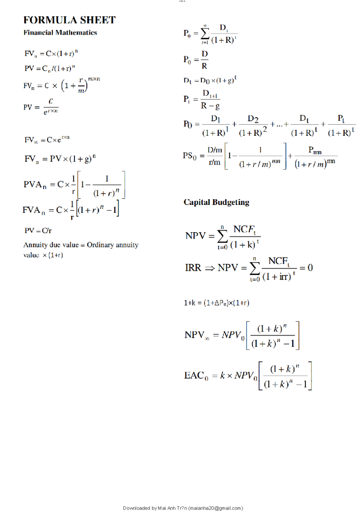 Formula-sheet FIN - Logistics and production management - lOMoARcPSD ...